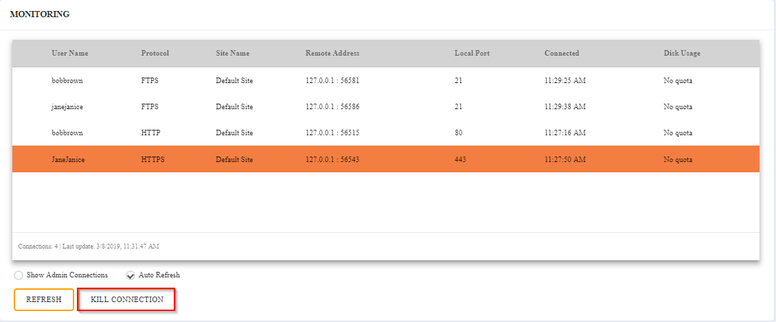 CompleteFTP: WebAdmin: Killing Connections
