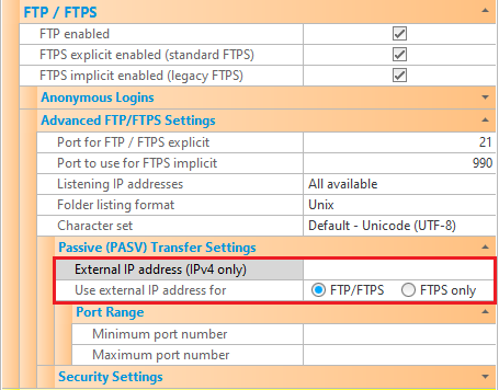 CompleteFTP: How to set an external IP address (IPv4 only)