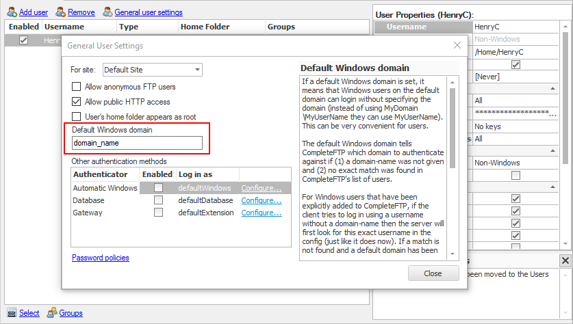 CompleteFTP: How to set a default Windows domain